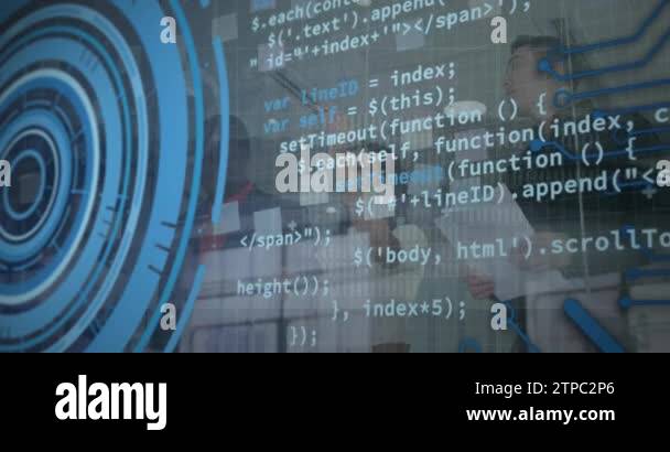 Animation of loading circles and computer language, diverse coworkers ...