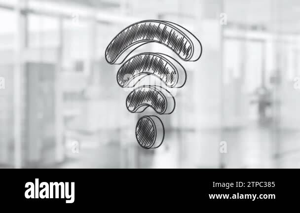 Hand drawn Wi-Fi icon rotating on the glass board. Painted by black ...