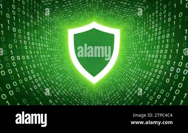 White shield icon form white binary tunnel on green background. Computer security concept ...