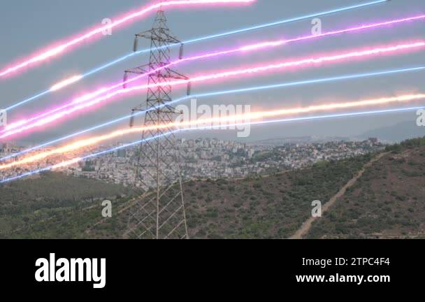 High voltage tower. Visualization of current in wires. High voltage ...