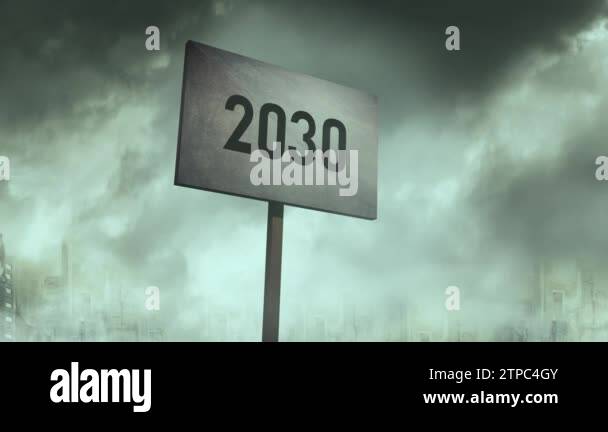 Ominous rusty sign against post apocalyptic city background - 2030 ...