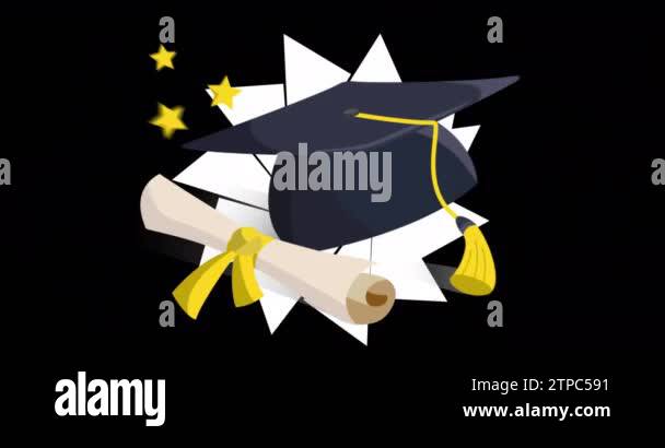 Animation of graduation hat and diploma degree icon against black ...