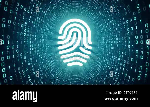 White fingerprint icon form cyan binary tunnel on cyan background ...