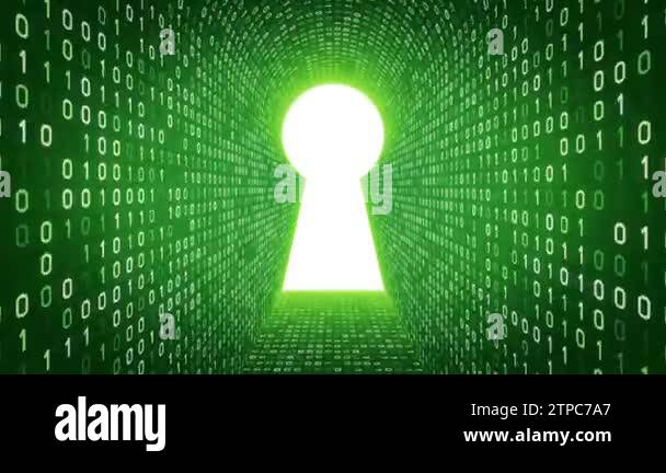 White keyhole icon form white binary tunnel on green background. Computer security concept ...