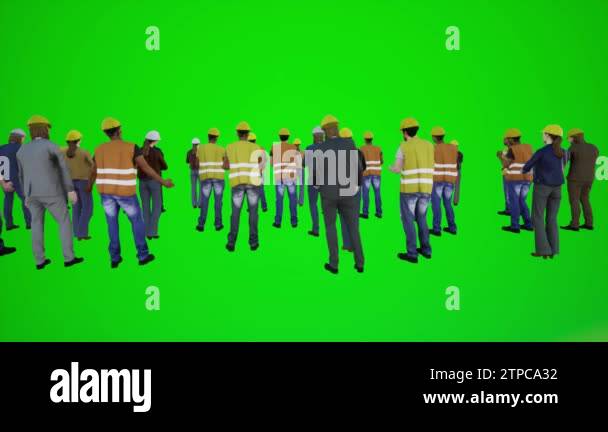 3D animation of engineers protesting in front of the factory in a ...