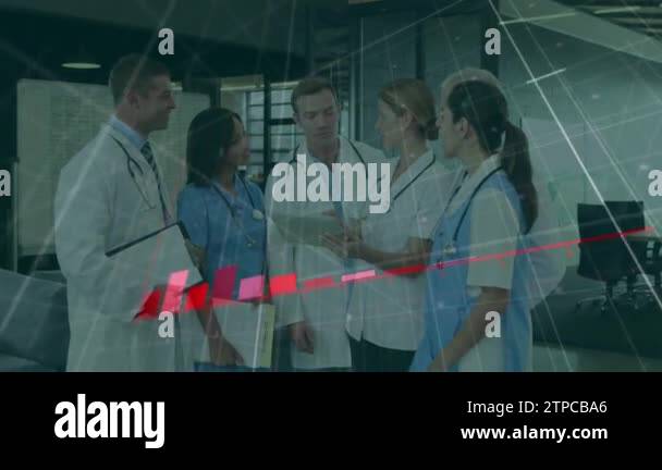 Animation of arrow on growing graph over diverse doctors discussing in hospital. Digital ...