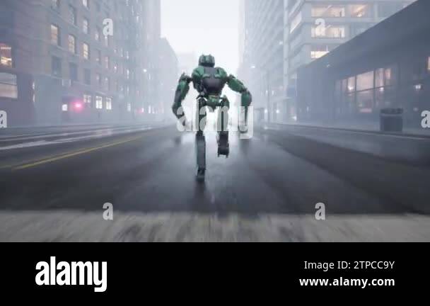 The humanoid AI robot runs along a deserted street in a big city. 3d ...