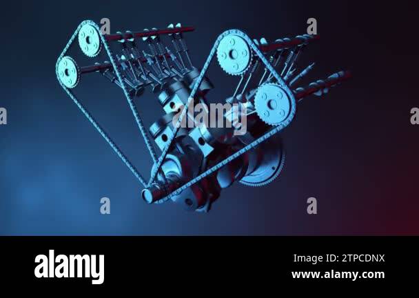 V6 engine inside, animation in motion, pistons, camshaft, chain, valves ...