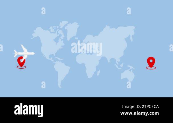 Traveling airplane from one location to another. Animated plane flies ...