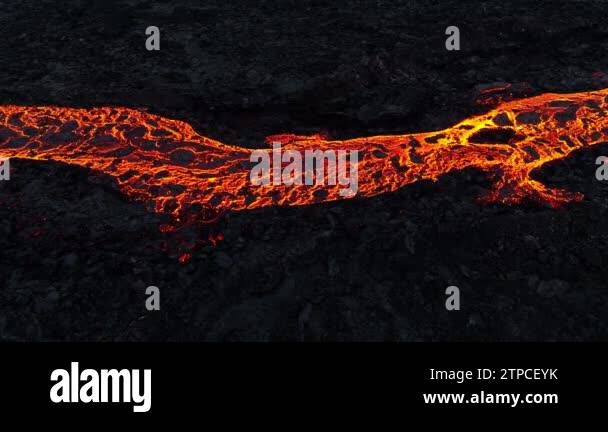 Volcano Eruption, Lava River Flows Down the Mountain Slope, Red-hot ...