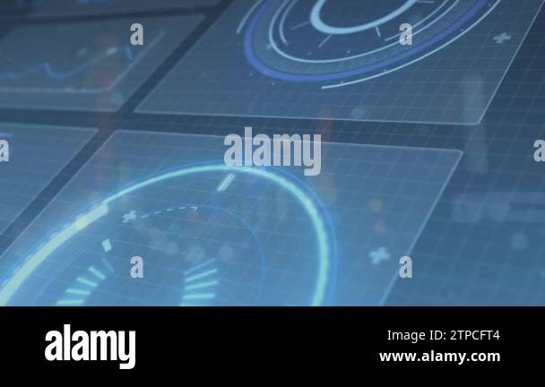 Animation of loading circles, graph and computer language over abstract background. Digitally ...