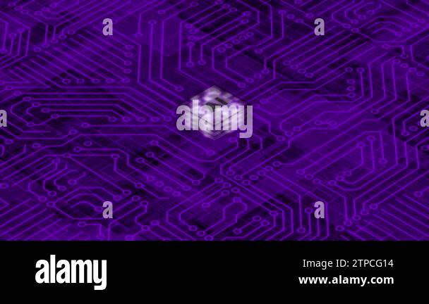 Animated Purple 3d Computer chip with connections and signals. AI Computer processor background ...