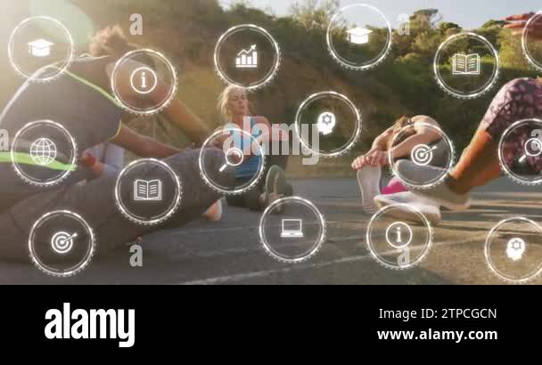 Animation of icon in circles over diverse female athletes doing ...