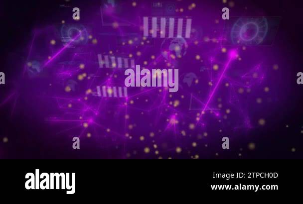 Animation of graphs, globes, radars, computer language over connected dots against black ...