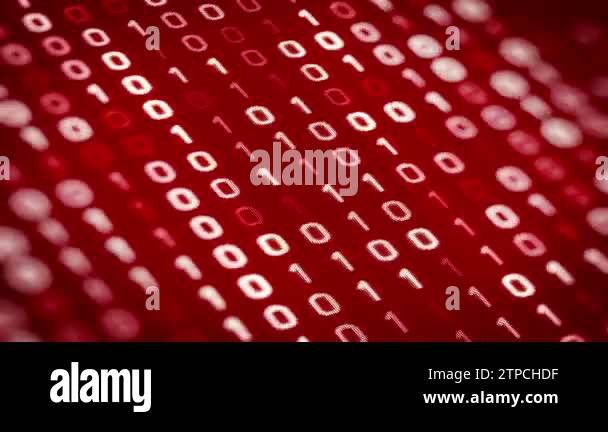 Technology red background with binary code moves from left to right on digital screen. Seamless ...