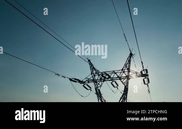 high voltage wire power supply line at blue sky background, electricity ...