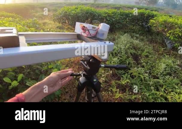 Setting camera and tripod stand in farms in bright sunny day. Assam ...