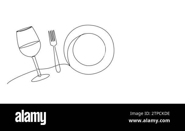 animated dinner concept continuous single line drawing, plate, fork ...