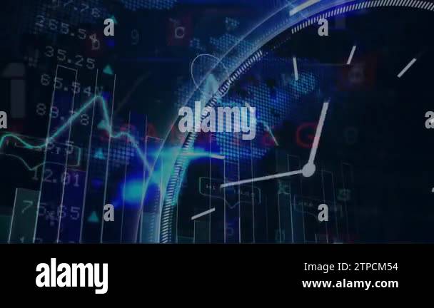 Animation of graphs, digital clock, map and trading board over black ...