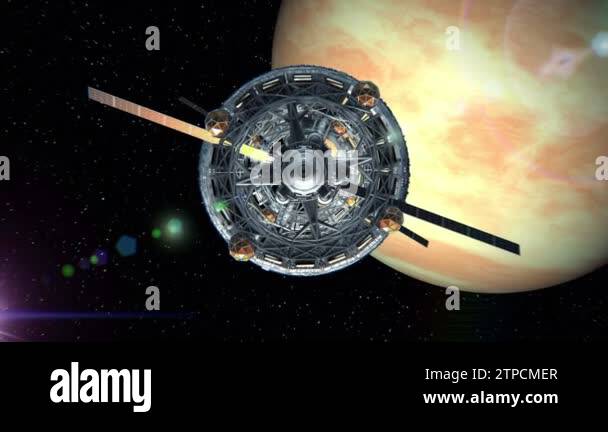 Flight through the door of the sci-fi spaceship on background of Venus ...