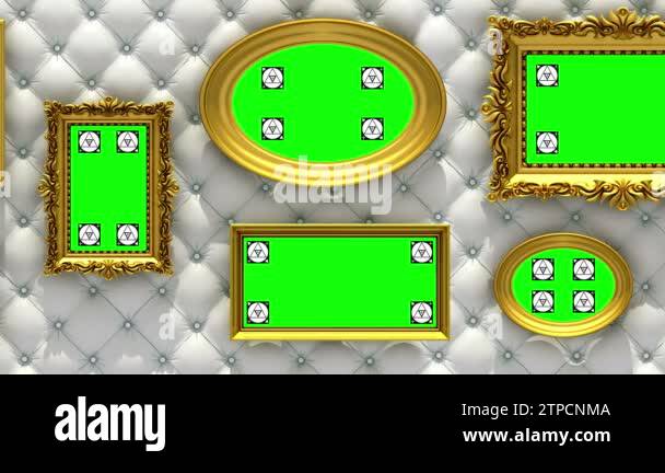 Picture gallery 3d animation. Gold picture frames on luxury white ...