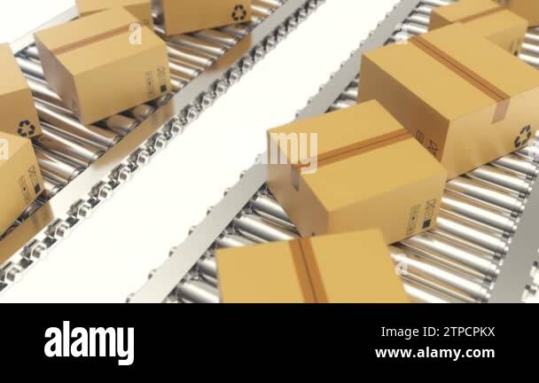 Cardboard boxes progresses along conveyor belt loopable animation ...