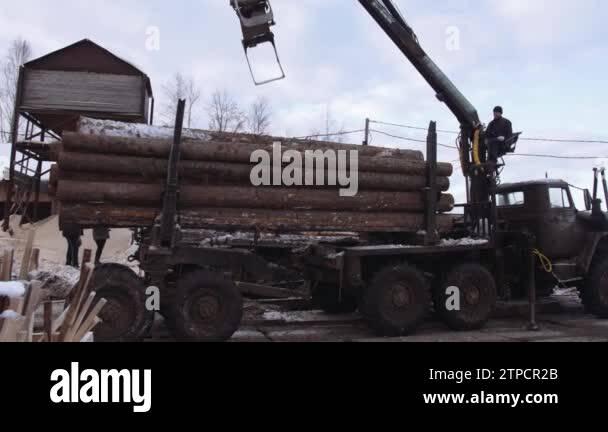 Mechanical claw loader unloads lumber logs from heavy truck at sawmill ...