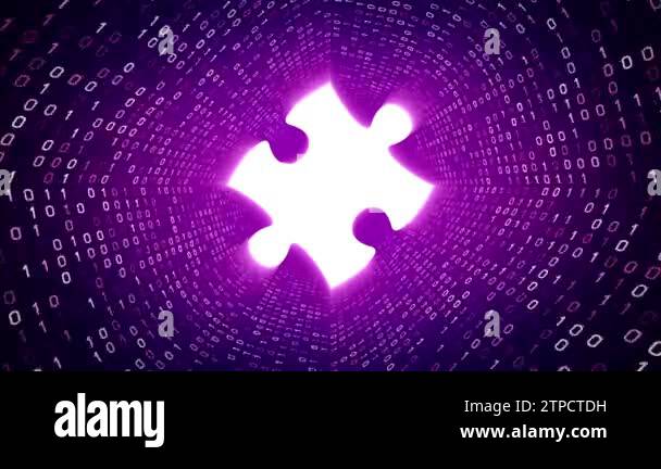 White puzzle piece form white binary tunnel on violet background. Seamless loop. More icons and ...