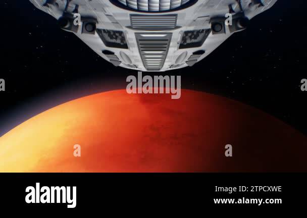 Alien spaceship is approaching Mars. Bright engines flashing, 3d ...