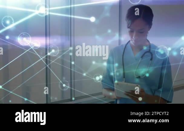 Animation of connections over caucasian female doctor. Global research ...
