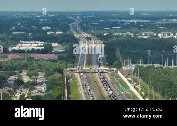 Slow traffic at industrial roadworks in Sarasota, Florida. Wide ...