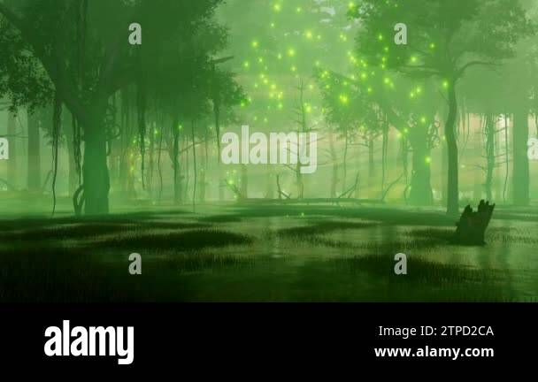 Mysterious forest swamp with magical firefly lights soaring in the air ...