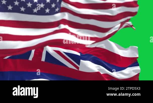 Hawaii state flag waving with the American flag isolated on green ...