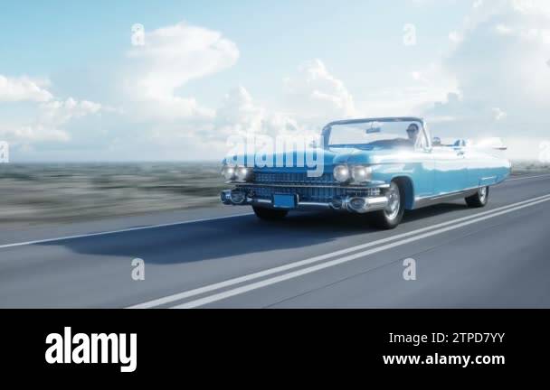 Blue vintage, retro car on road, highway. Daylight. Very fast driving ...