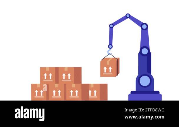 Warehouse inventory management with robotic arm handling parcel boxes ...