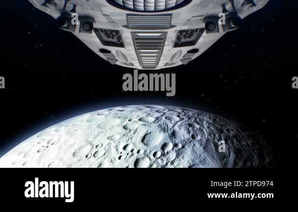 Alien spaceship is approaching Moon. Bright engines flashing, 3d ...