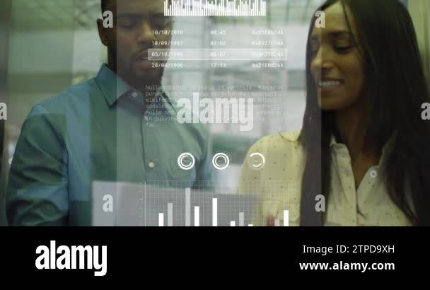 Animation of graphs, loading bars over diverse coworkers discussing while walking in office ...