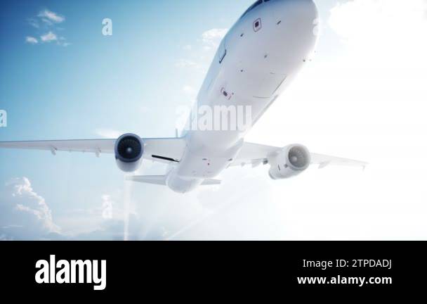 Passenger flying Plane animation. Daylight, clouds. A condensation ...