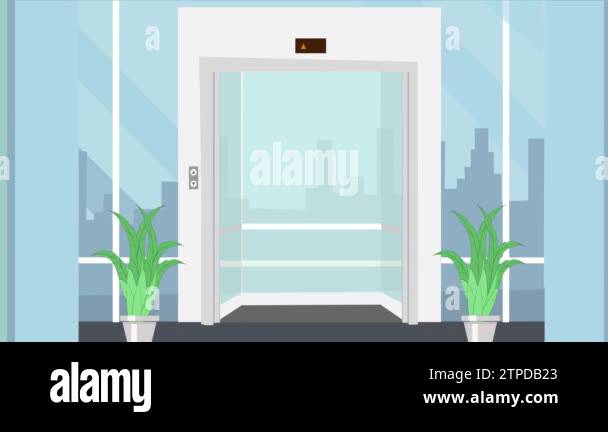 lift door opening and closing animation with glass cityscape background ...
