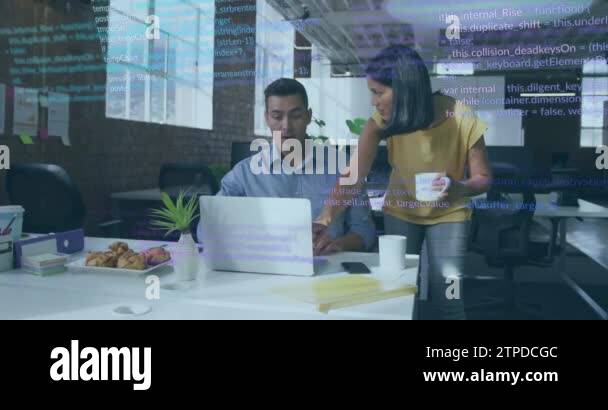 Animation of computer language over diverse coworkers with coffee cup ...