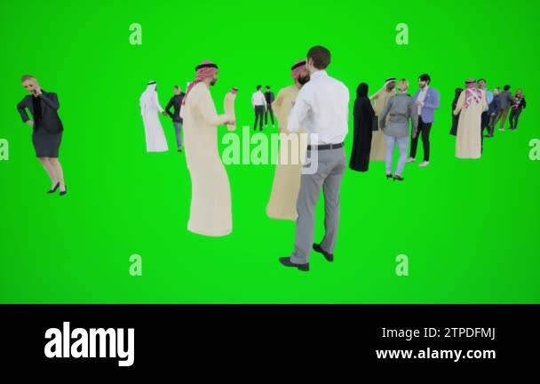 3D animation of Arab and European meeting standing talking to each ...