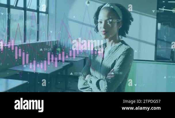 Animation of graphs with changing numbers, smiling biracial woman standing arms crossed in ...
