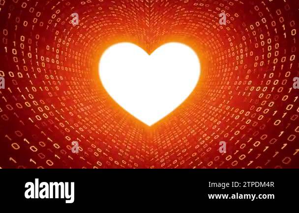 White heart icon form yellow binary tunnel on orange background. Seamless loop. More icons and ...