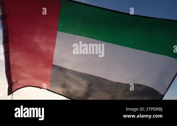 National Flag Of UAE Waving In The Wind sunset. Flag of United Arab ...