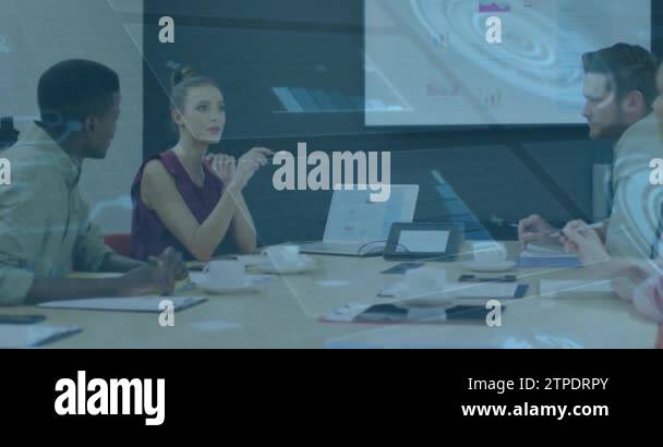 Animation of infographic interface over diverse colleagues discussing ...