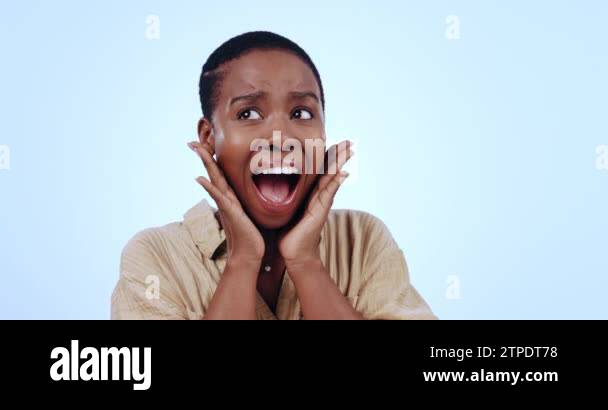 Excited, black woman and face from surprise, win and announcement in a ...
