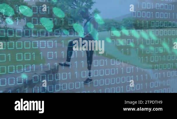 Animation of graphs, binary codes over african american handicap athlete doing stretching ...