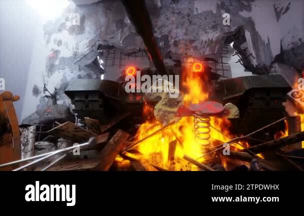 anti-war concept. military tank invaded in house. Realistic 4k ...