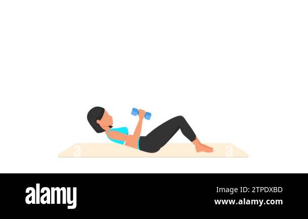 Dumbbell crunches exercise tutorial. Female workout on mat. Fitness ...