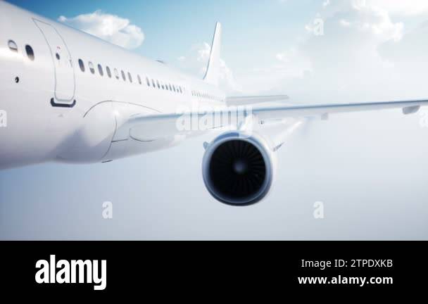 Passenger flying Plane animation. Daylight, clouds. A condensation ...